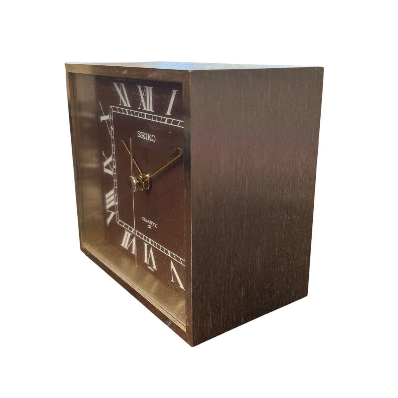 Seiko Quartz Table Clock Japan Metal QZ586 Roman Numeral Square Vintage ...