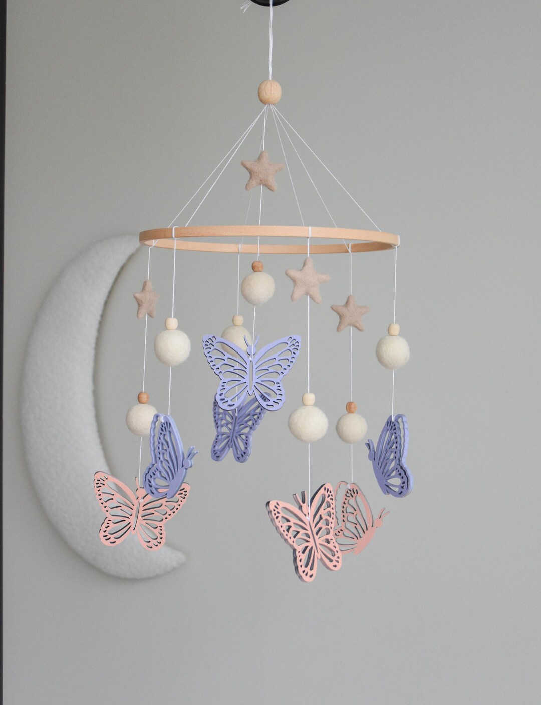 Butterfly Baby Mobile, Wooden Butterlies Crib Mobile, Felted Balls and ...