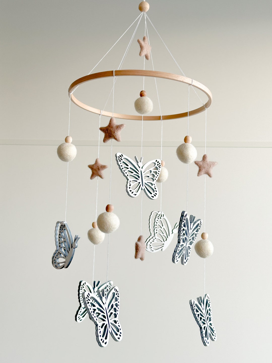 Neutral Baby Mobile Butterfly, Wooden Butterlies Crib Mobile, Felted ...