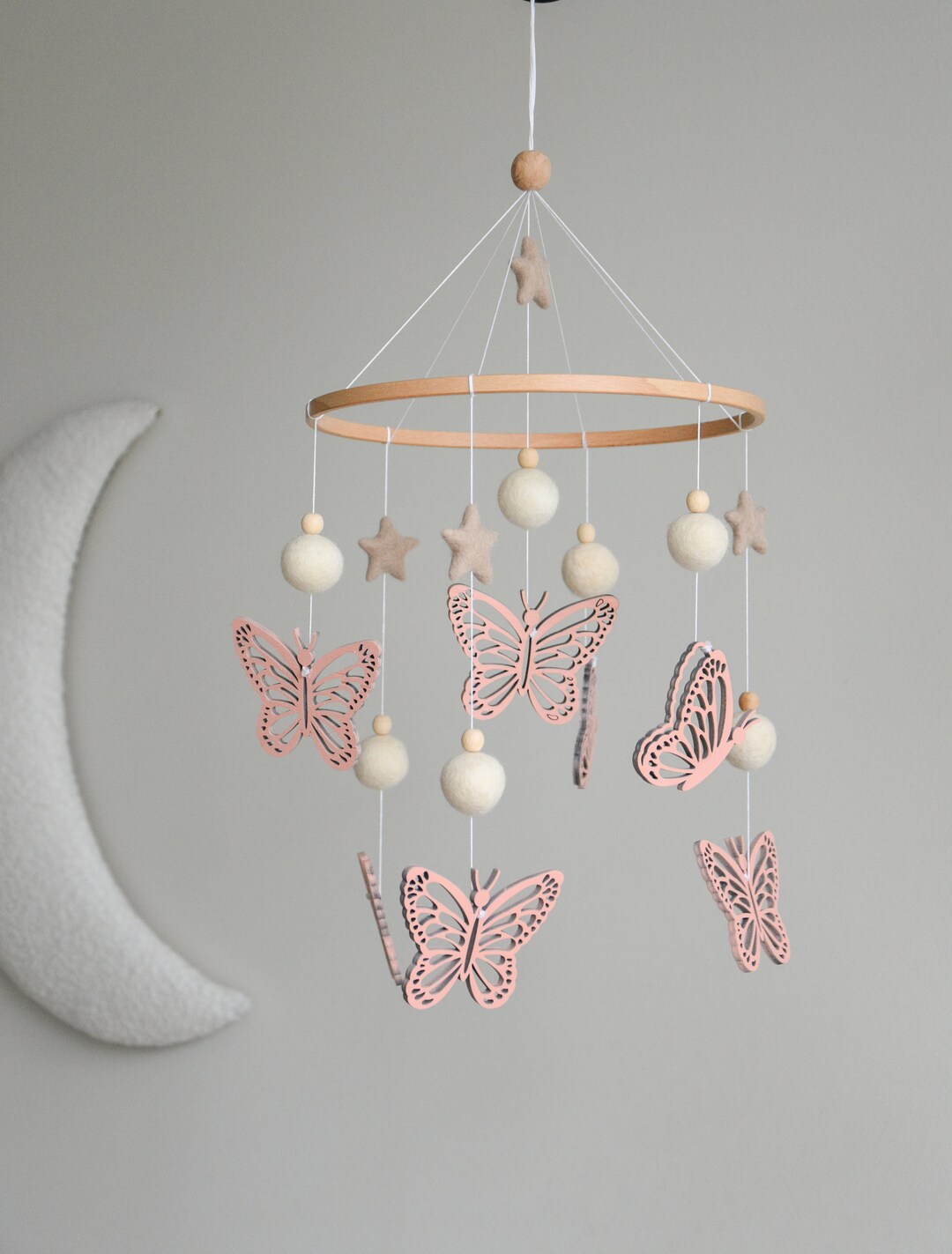 Pink Baby Mobile Butterfly, Wooden Butterlies Crib Mobile, Felted Balls ...