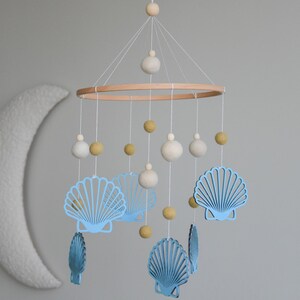 Seashell Baby Nursery Mobile, Felted Balls Baby Cot Mobile, Wooden ...