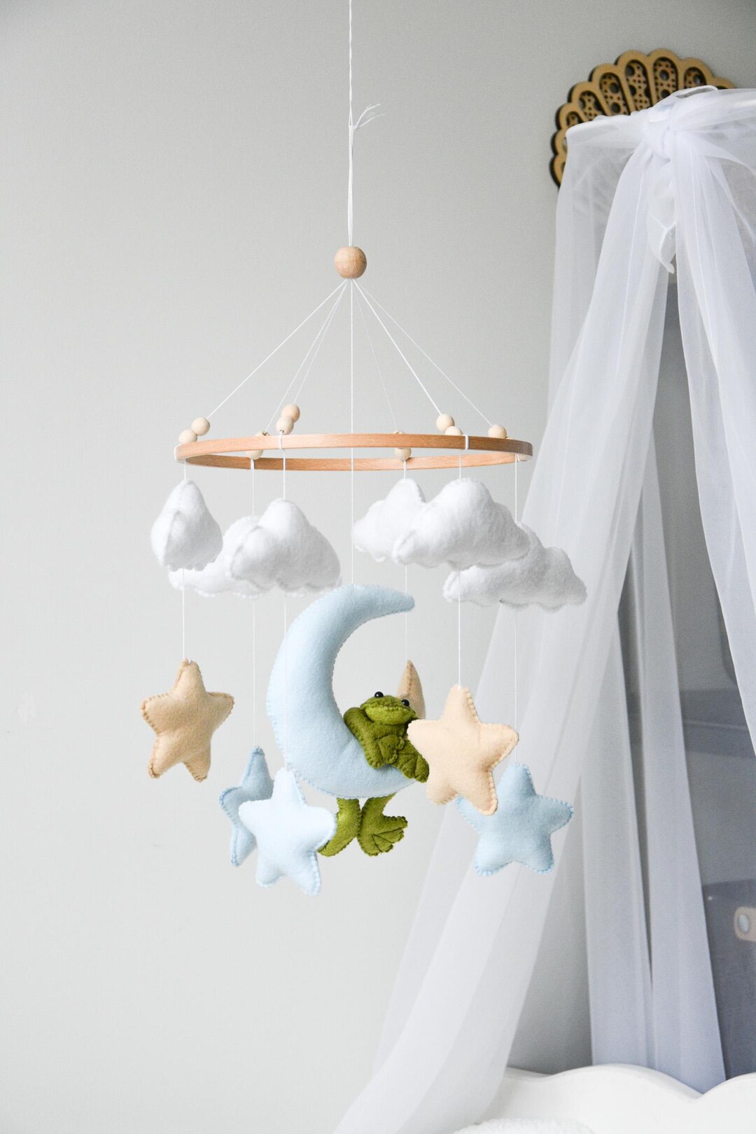 Baby Mobile With Hanging Frog, Clouds and Stars Mobile, Frog Nursery ...
