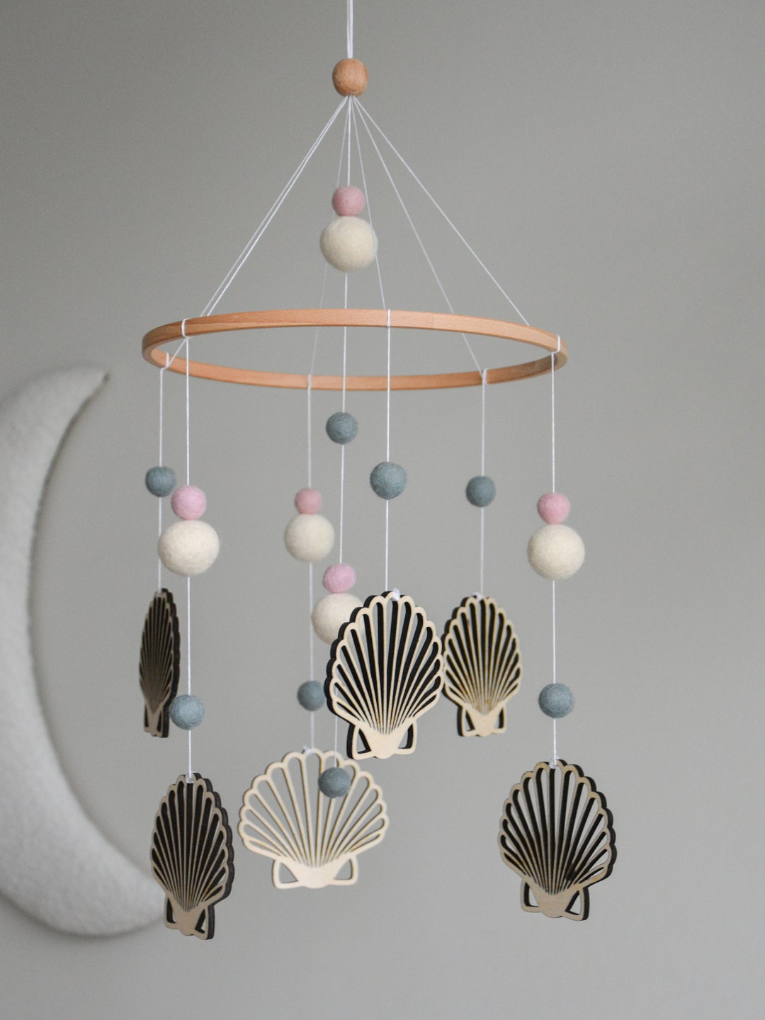 Seashell Baby Nursery Mobile, Felted Balls Baby Cot Mobile, Wooden ...