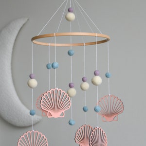 Wooden Seashell Baby Nursery Mobile, Felted Balls Baby Cot Mobile ...