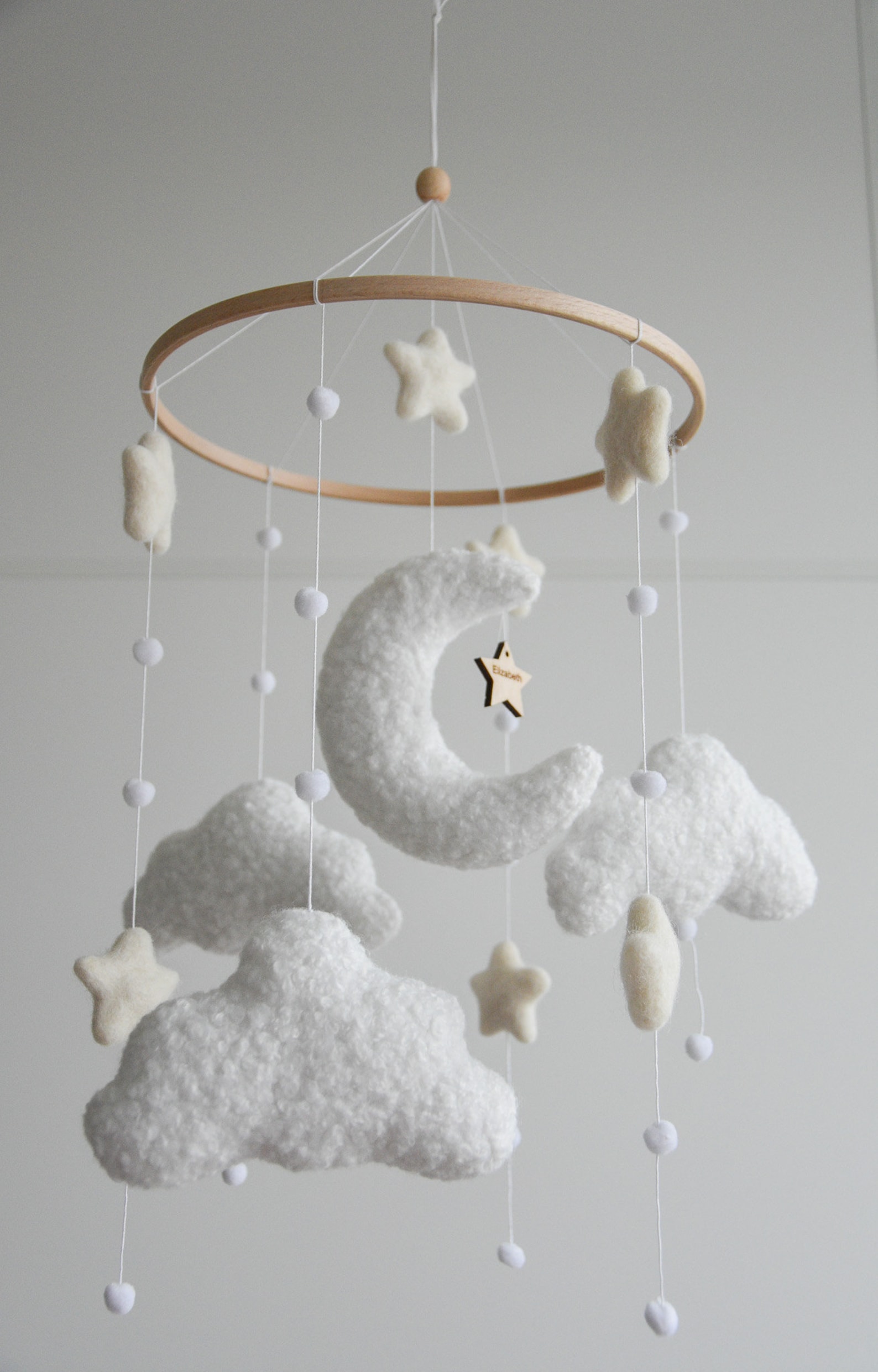 Personalized Boucle Clouds and Moon Baby Nursery Mobile, Neutral Baby ...