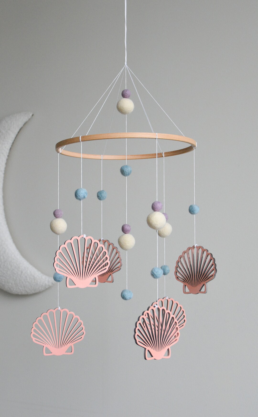 Seashell Baby Nursery Mobile, Felted Balls Baby Cot Mobile, Wooden ...