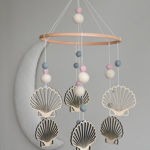 Seashell Baby Nursery Mobile, Felted Balls Baby Cot Mobile, Wooden ...