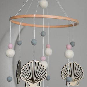 Seashell Baby Nursery Mobile, Felted Balls Baby Cot Mobile, Wooden ...