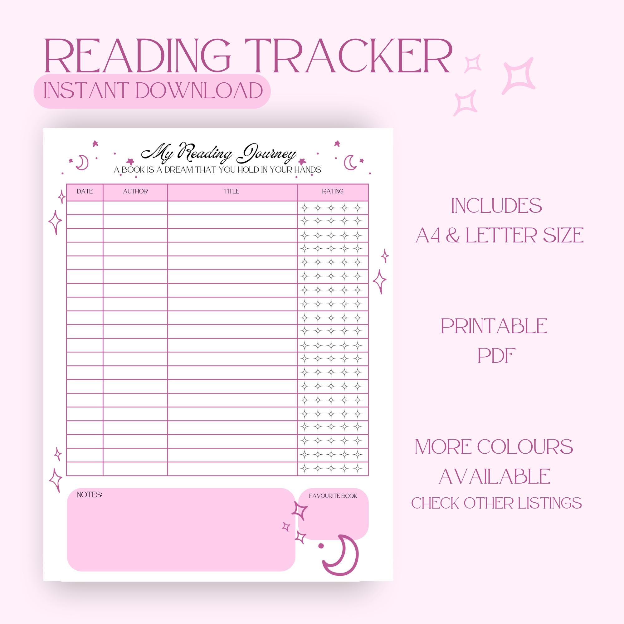 Printable Pink Book Tracker | Reading Log /tracker | Digital Download ...