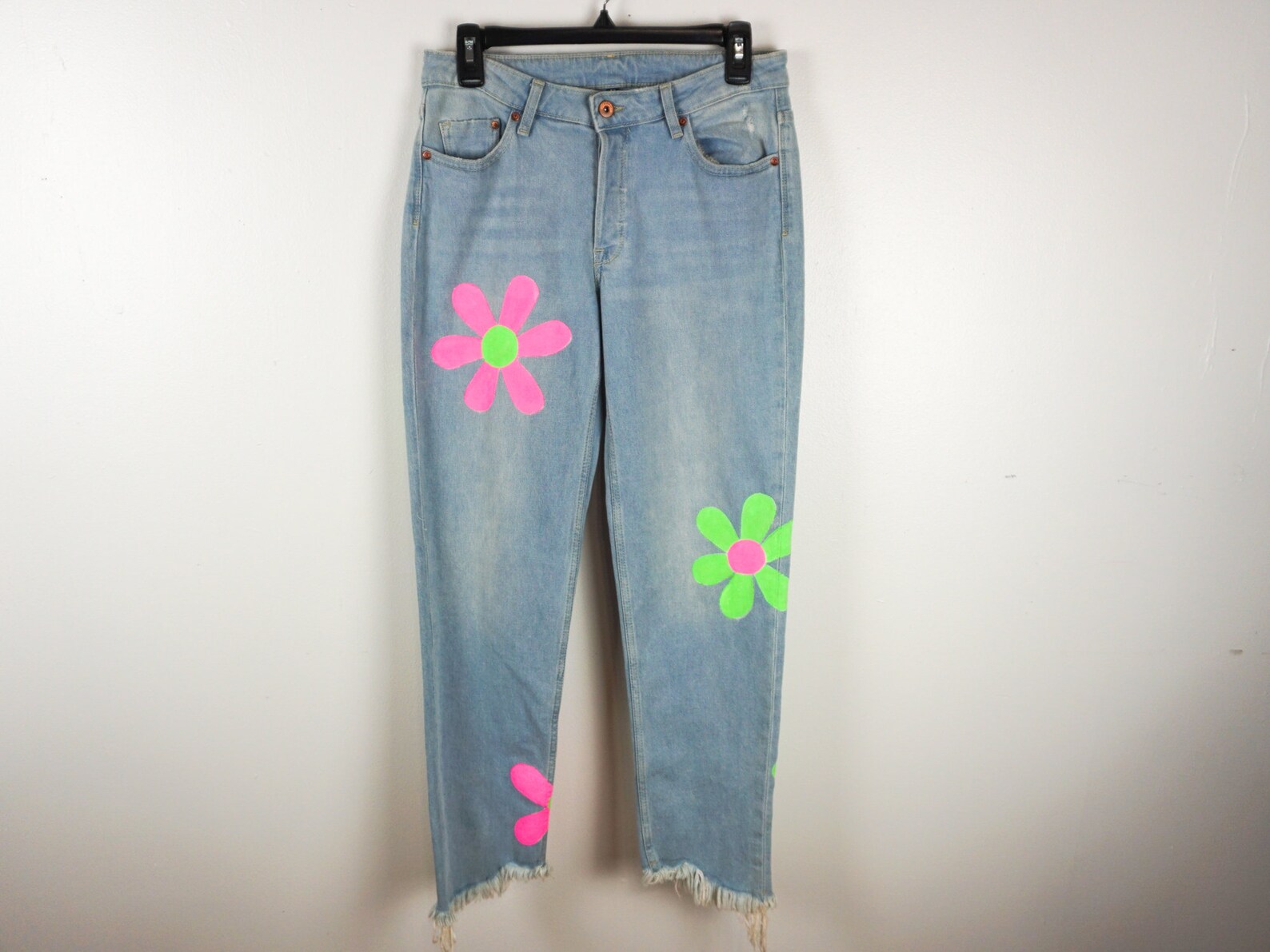 Painted Flower Jeans Neon Pin Green Floral Groovy Design on Denim Light ...