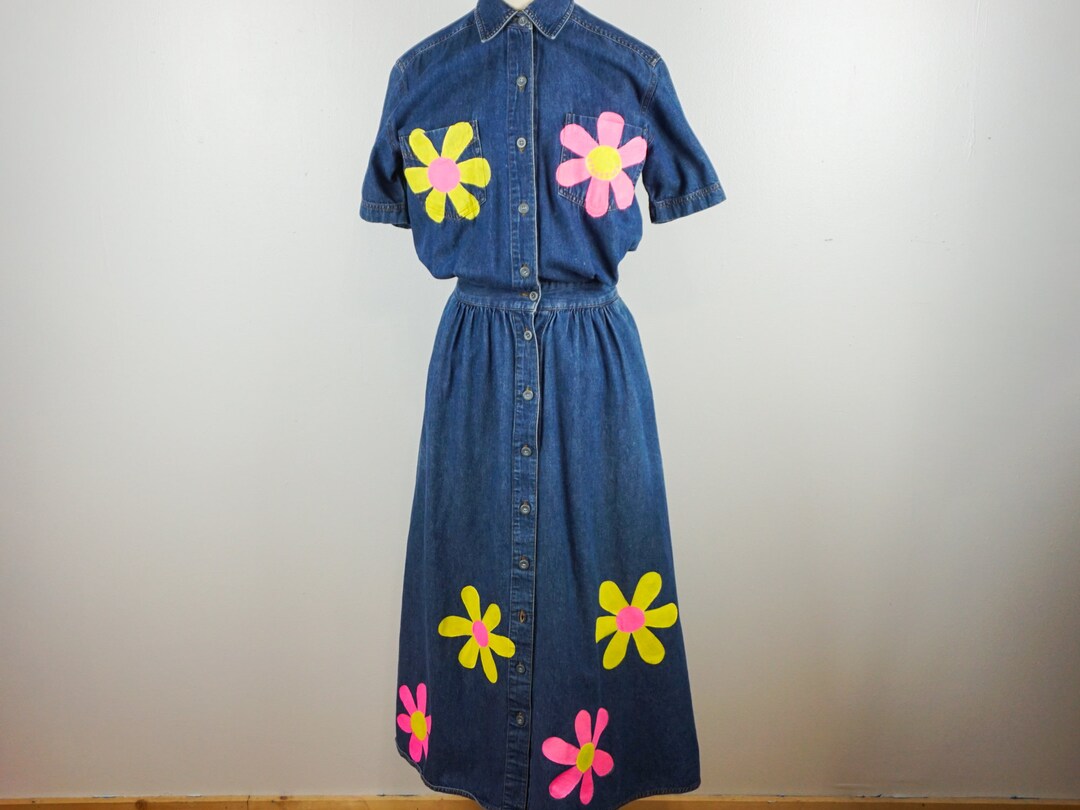 Painted Flowers Denim Dress Neon Pink Yellow Flower Flowers Breast ...