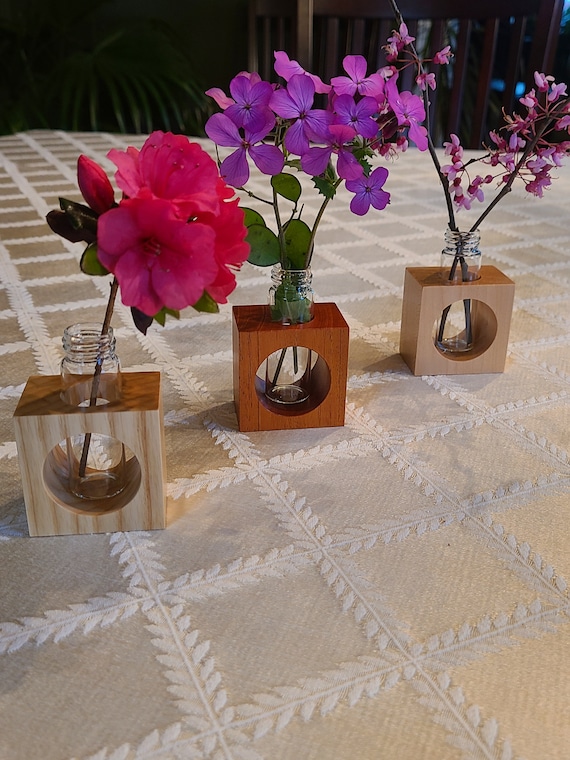 Small Desk Top Vase Single Stem Vase Wood & Glass Flower - Etsy
