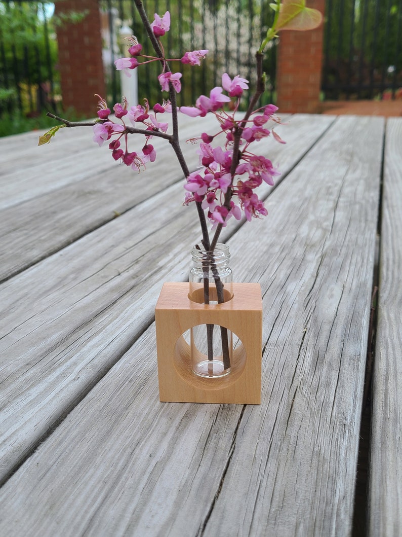 Small Desk Top Vase Single Stem Vase Wood & Glass Flower - Etsy