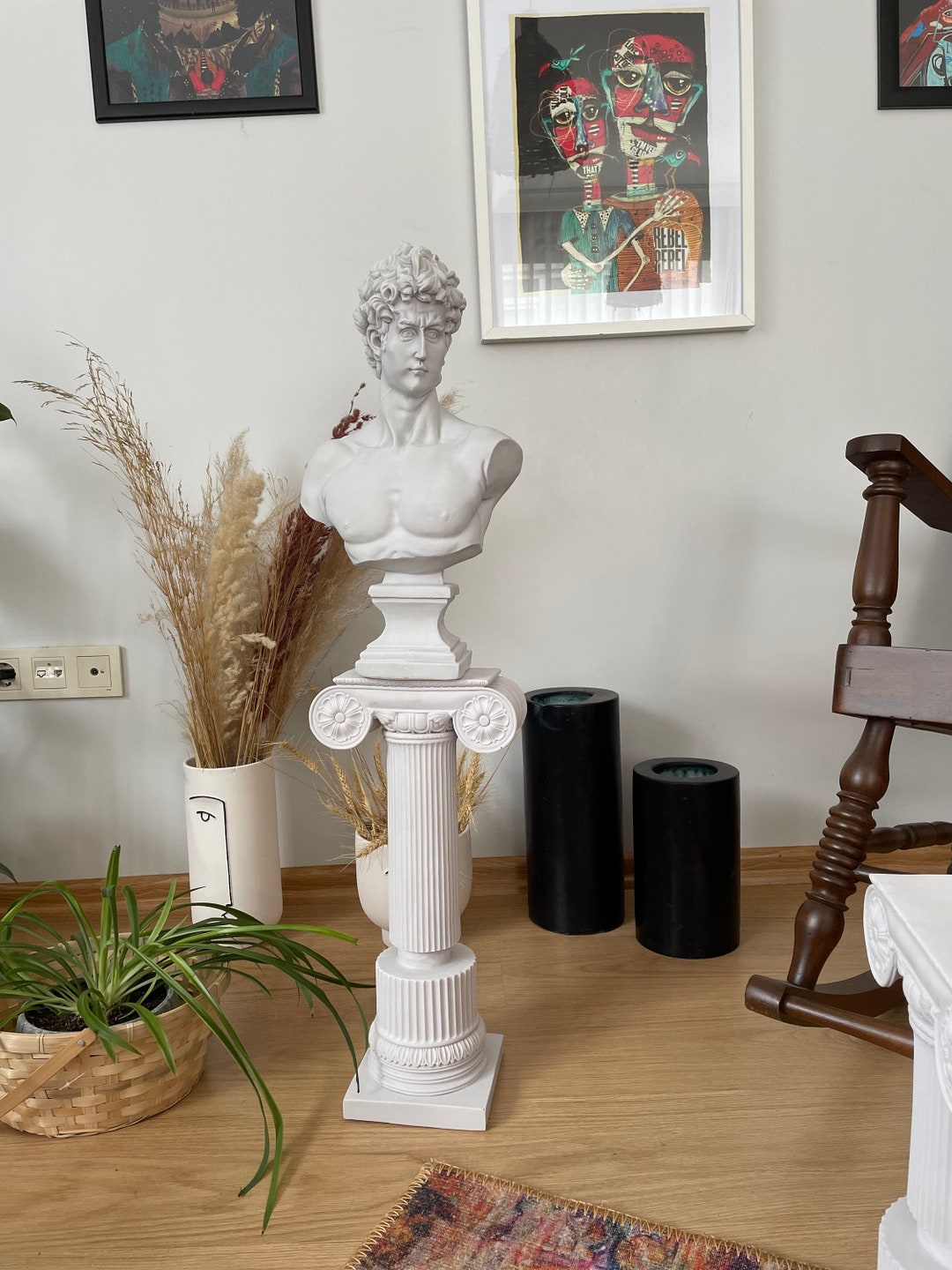 Large David Sculpture Statue With Large Column ,35 Inches, David Bust ...