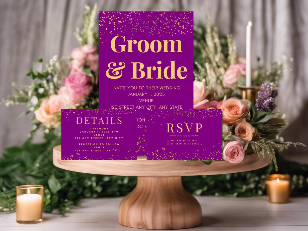 Purple and Gold Wedding Invitation Template, Printable Wedding ...