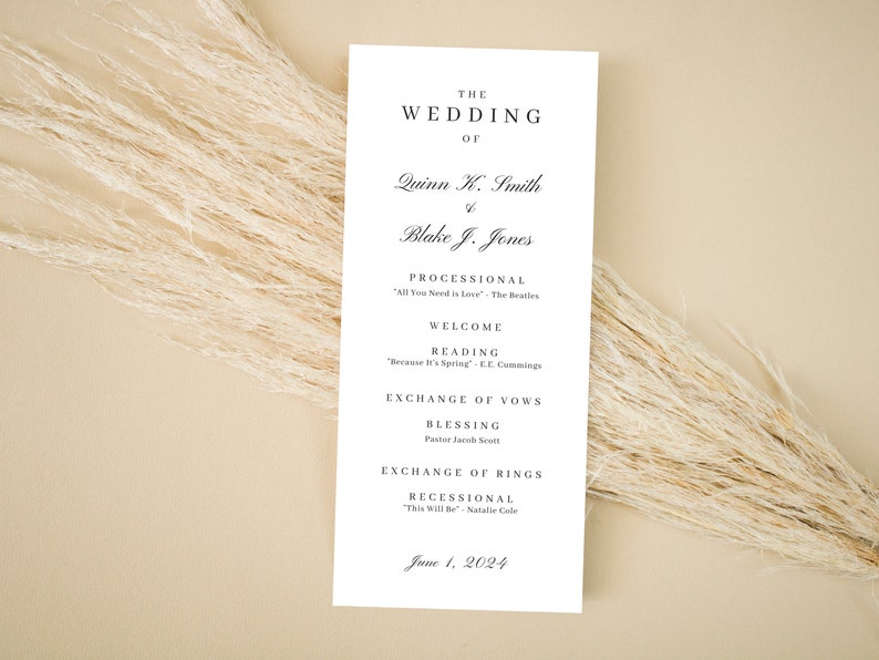 Classic Wedding Program Template, Ceremony Program, Modern Script ...