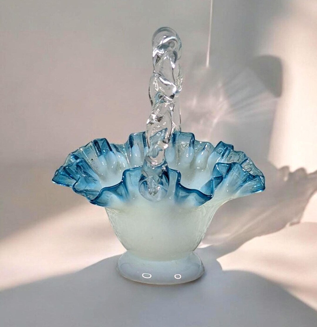 Vintage Milk Glass Aqua Crest Basket, Handled Glass Basket, Decorative ...