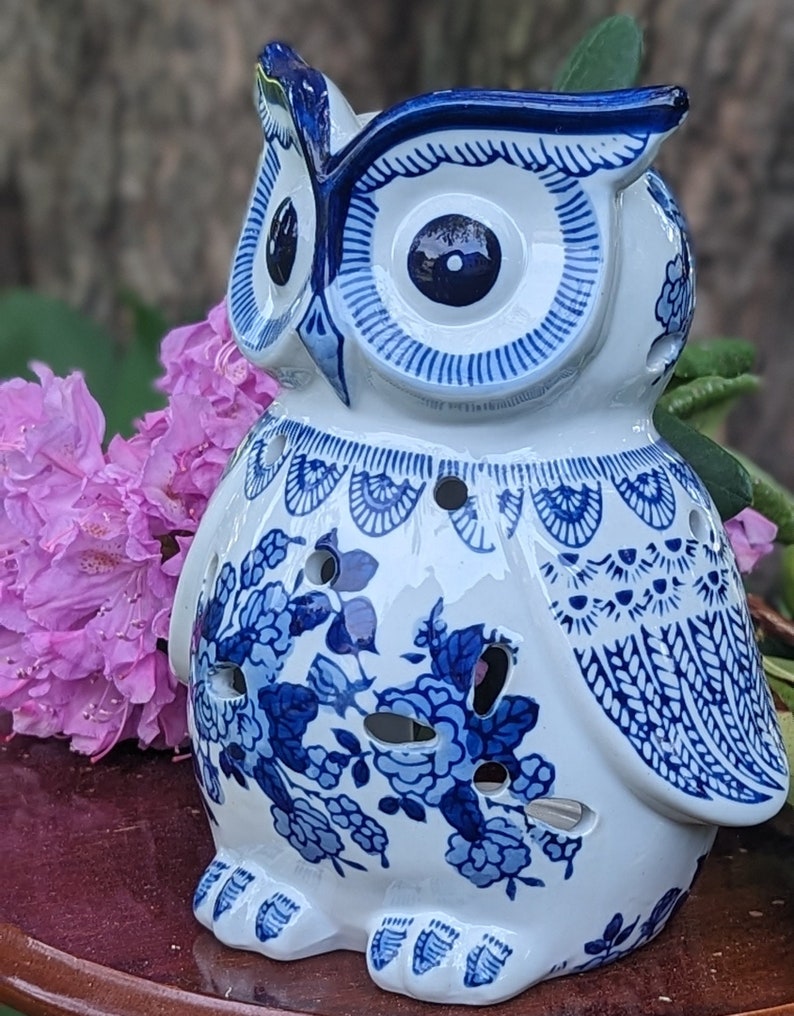 Eye Catching Porcelain Owl Chinoiserie Votive Candle Holder Blue and ...