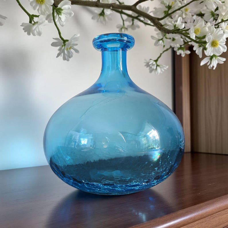 Big Blue Demijohn Studio Blown Glass Bottle Crackled Bottom Polished ...