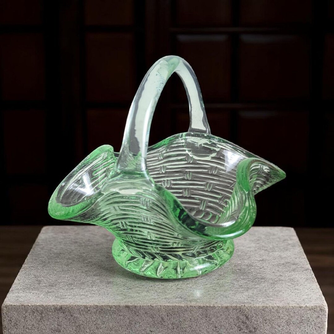 Green Depression Glass Basket, Uranium Weave Basket, Vintage Glassware ...