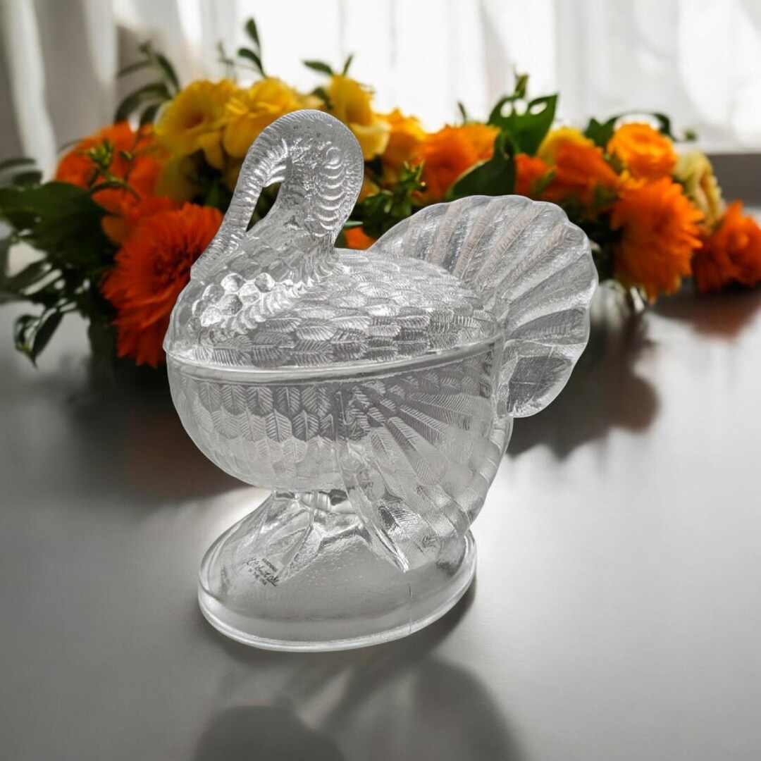 Vintage Glass Turkey Dish With Lid, LE Smith Covered Serving Bowl ...