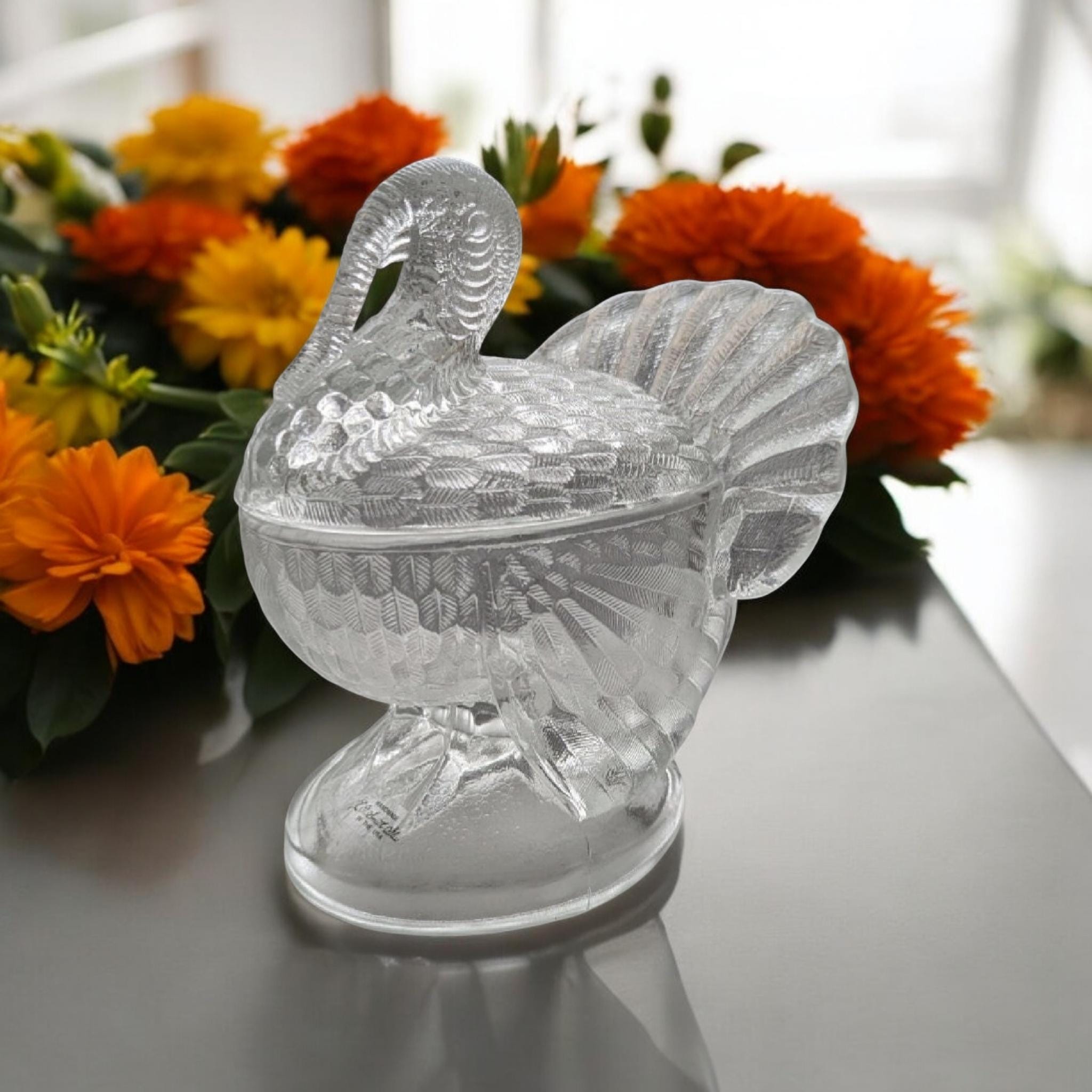 Vintage Glass Turkey Dish With Lid, LE Smith Covered Serving Bowl ...
