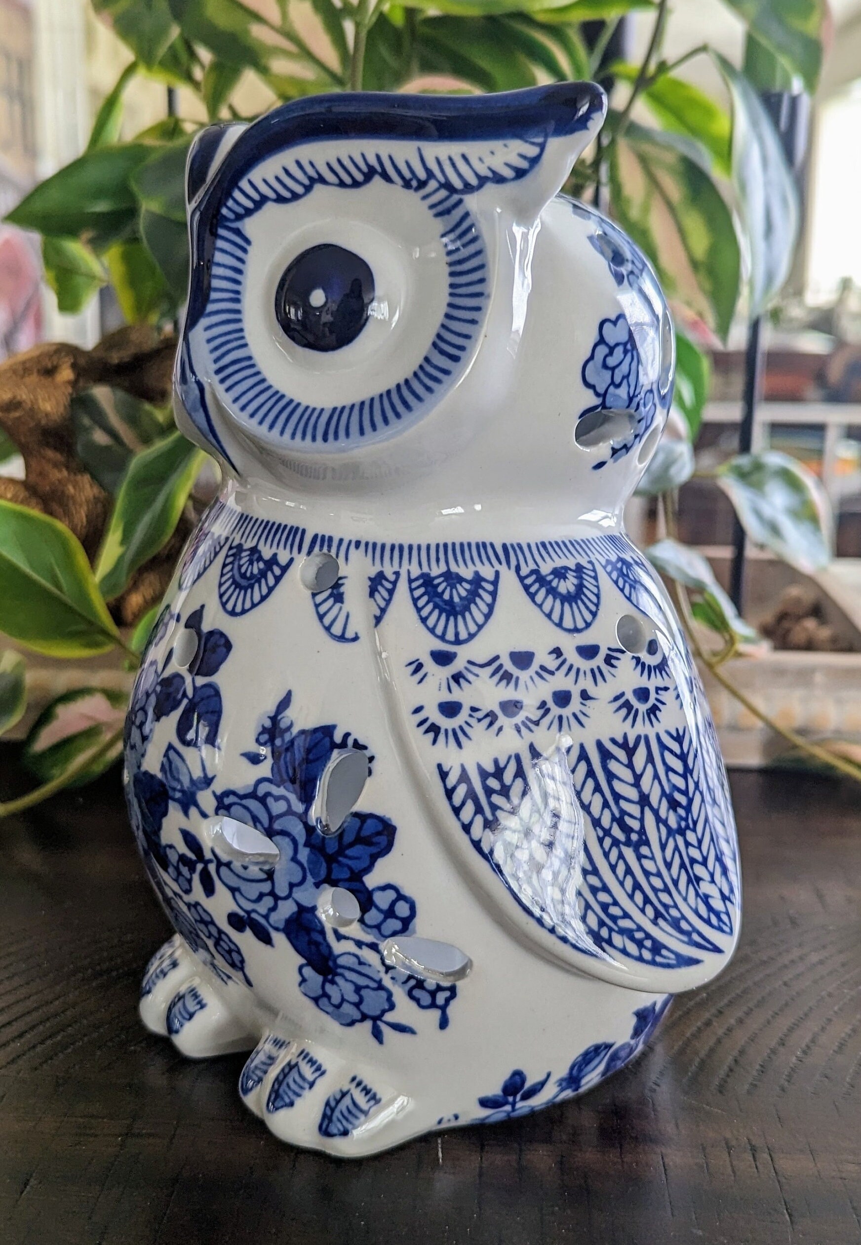 Eye Catching Porcelain Owl Chinoiserie Votive Candle Holder Blue and ...