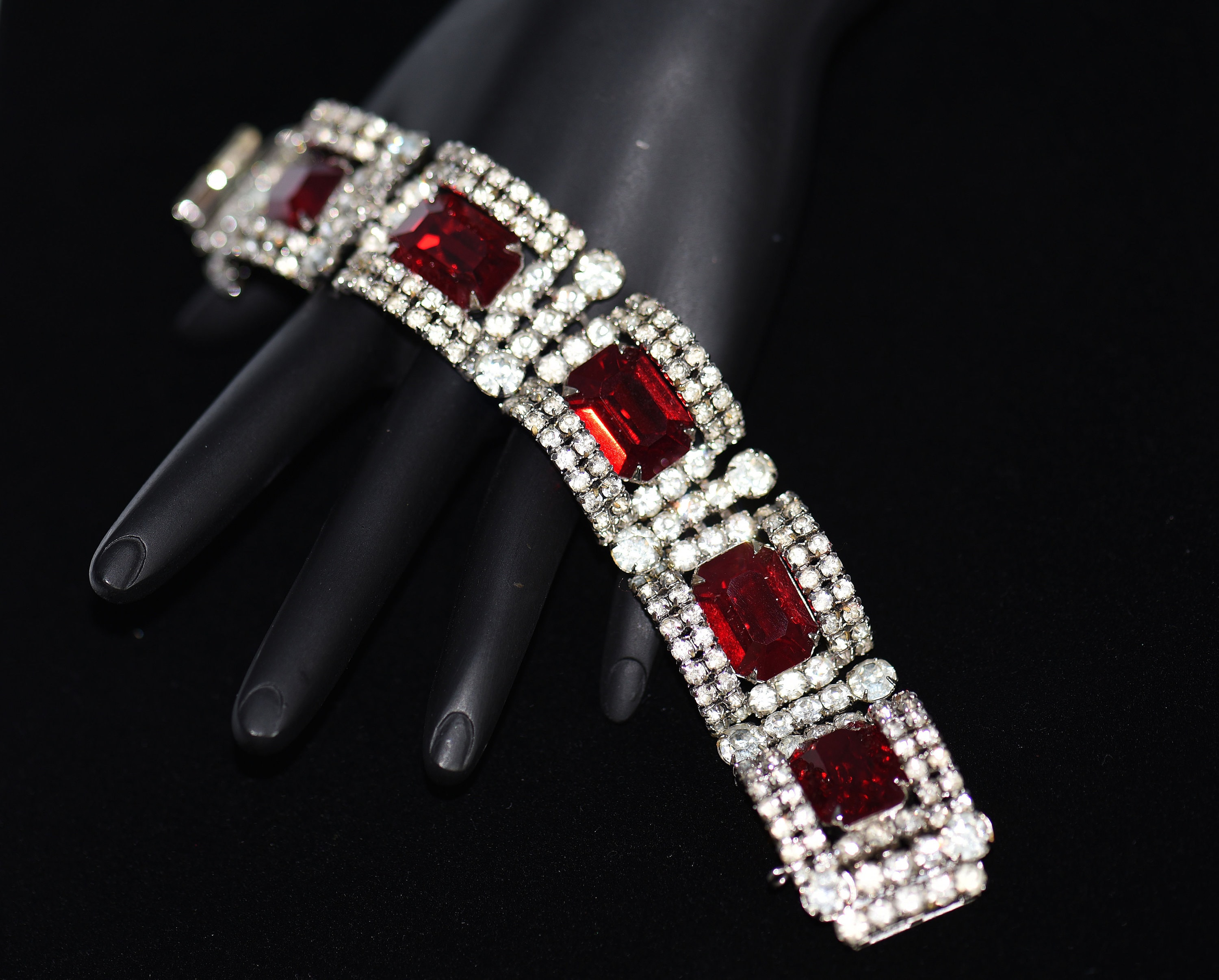 Remarkable KRAMER Ruby RED Baguettes & Clear Round Sparkling RHINESTONE ...