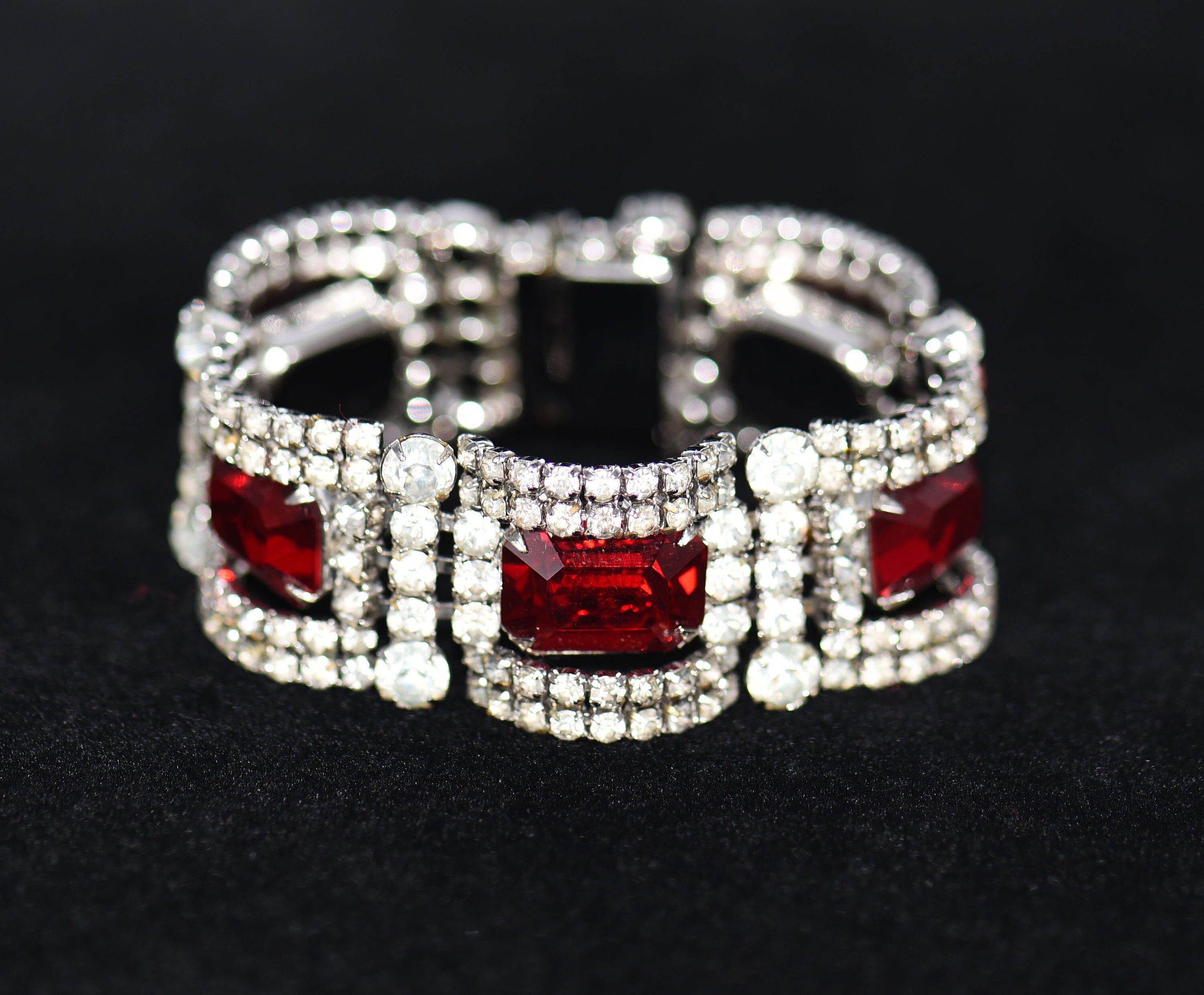 Remarkable KRAMER Ruby RED Baguettes & Clear Round Sparkling RHINESTONE ...