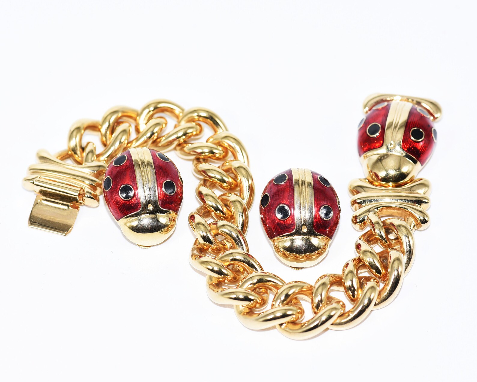 Gorgeous JOAN RIVERS Red Black Enamel Goldtone LADYBUG Bracelet and ...