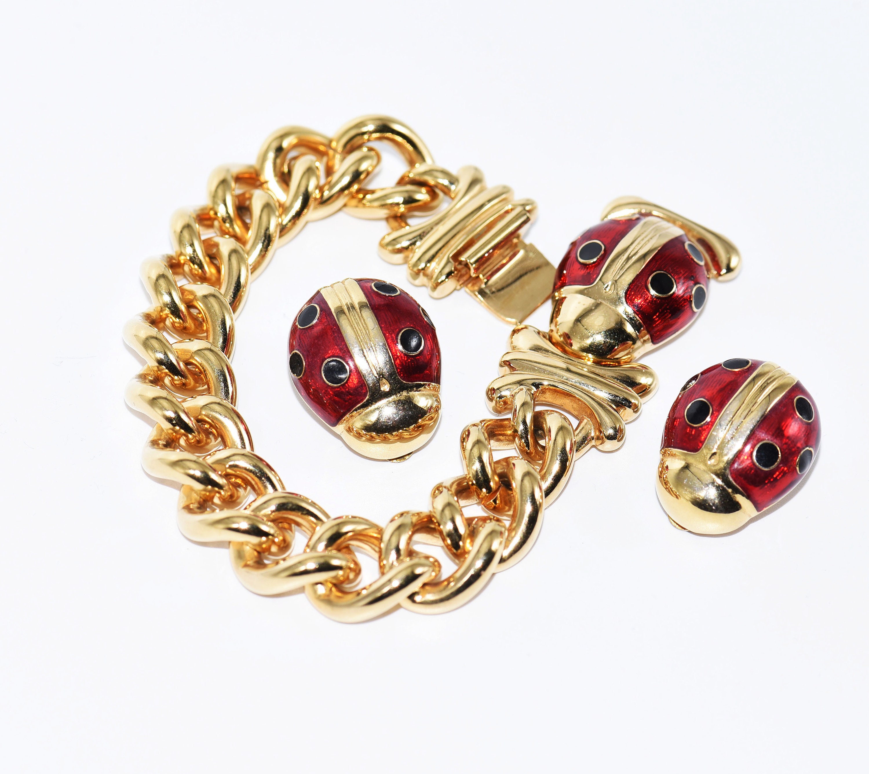 Gorgeous JOAN RIVERS Red Black Enamel Goldtone LADYBUG Bracelet and ...