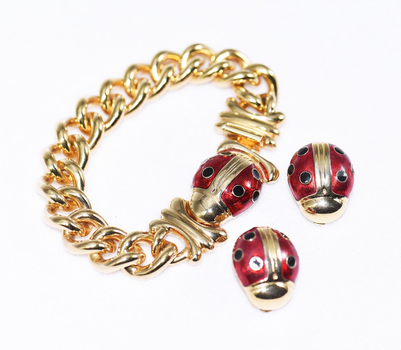 Gorgeous JOAN RIVERS Red Black Enamel Goldtone LADYBUG Bracelet and ...