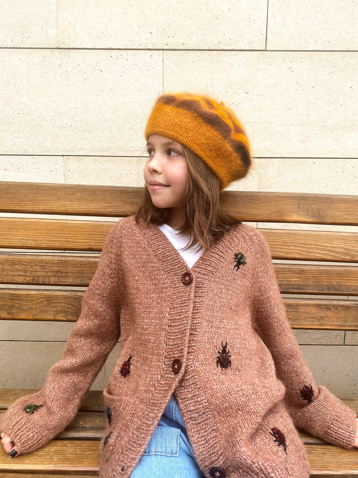 Knit Fluffy Beret for Girls. French Style Knit Flat Hat With Stripes ...