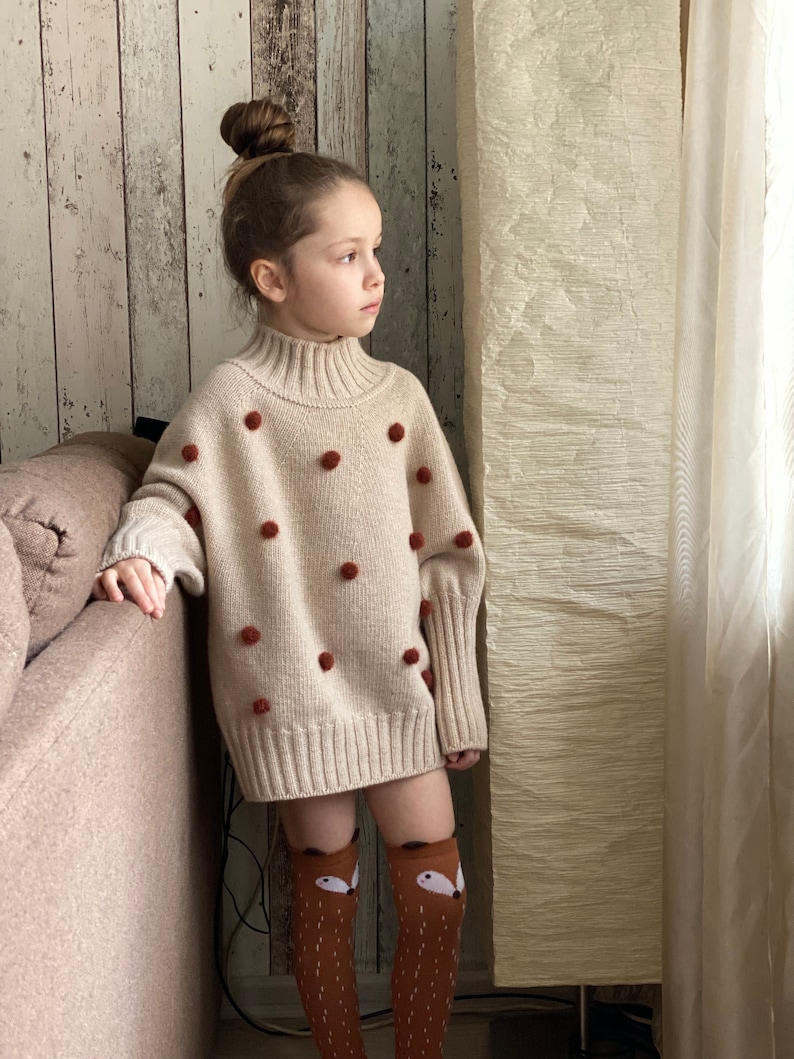 Oversized Girl Sweater With Mohair Pompoms. Fluffy Pompom Sweater ...