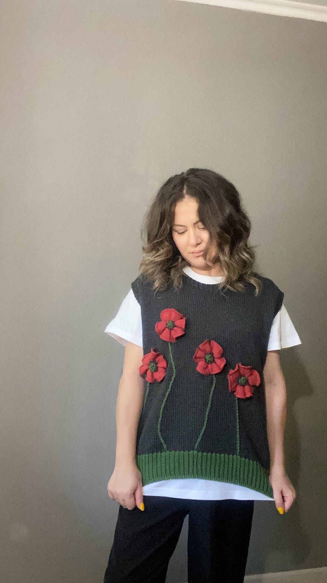 Gorgeous Hand Knit Vest With 3D Poppy Embroidery. Slouchy Oversized ...