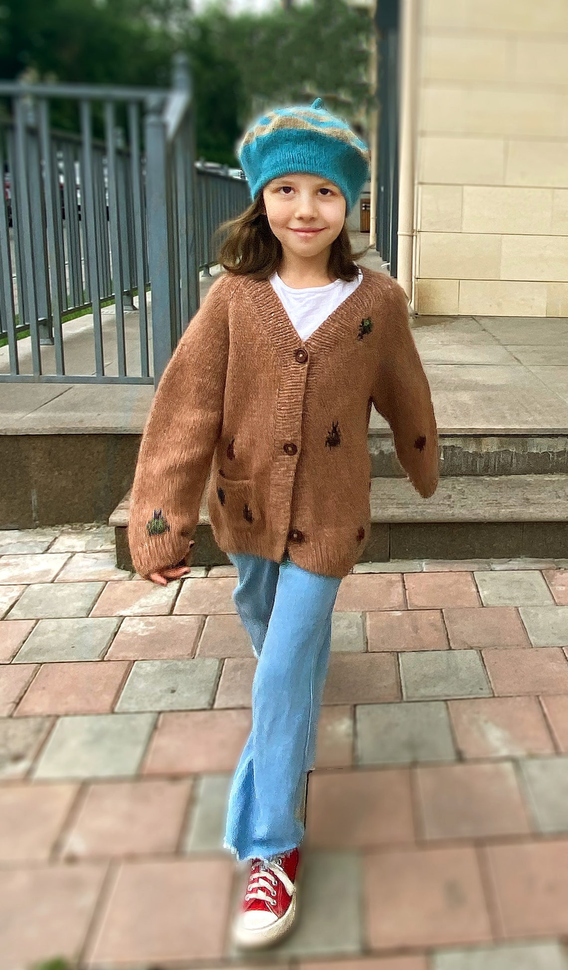 Knit Fluffy Beret for Girls. French Style Knit Flat Hat With Stripes ...