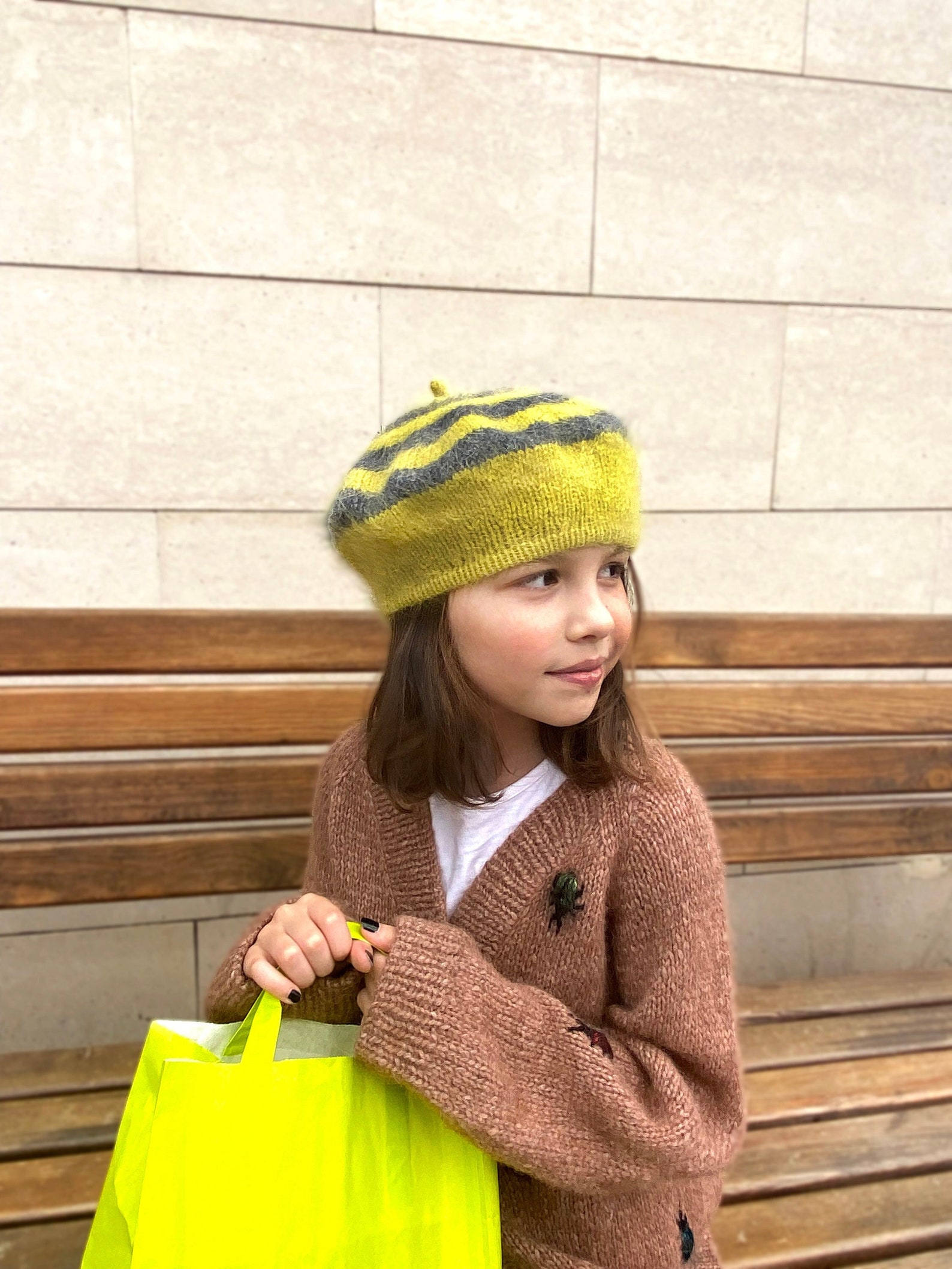 Knit Fluffy Beret for Girls. French Style Knit Flat Hat With Stripes ...