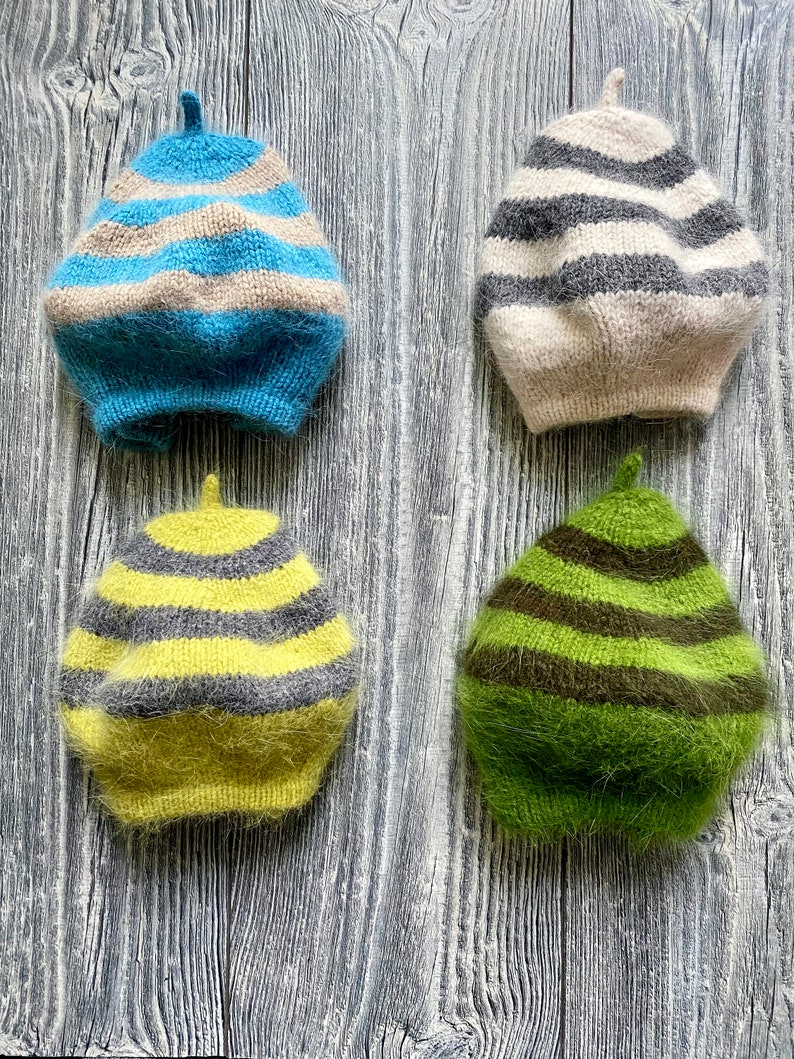 Knit Fluffy Beret for Girls. French Style Knit Flat Hat With Stripes ...
