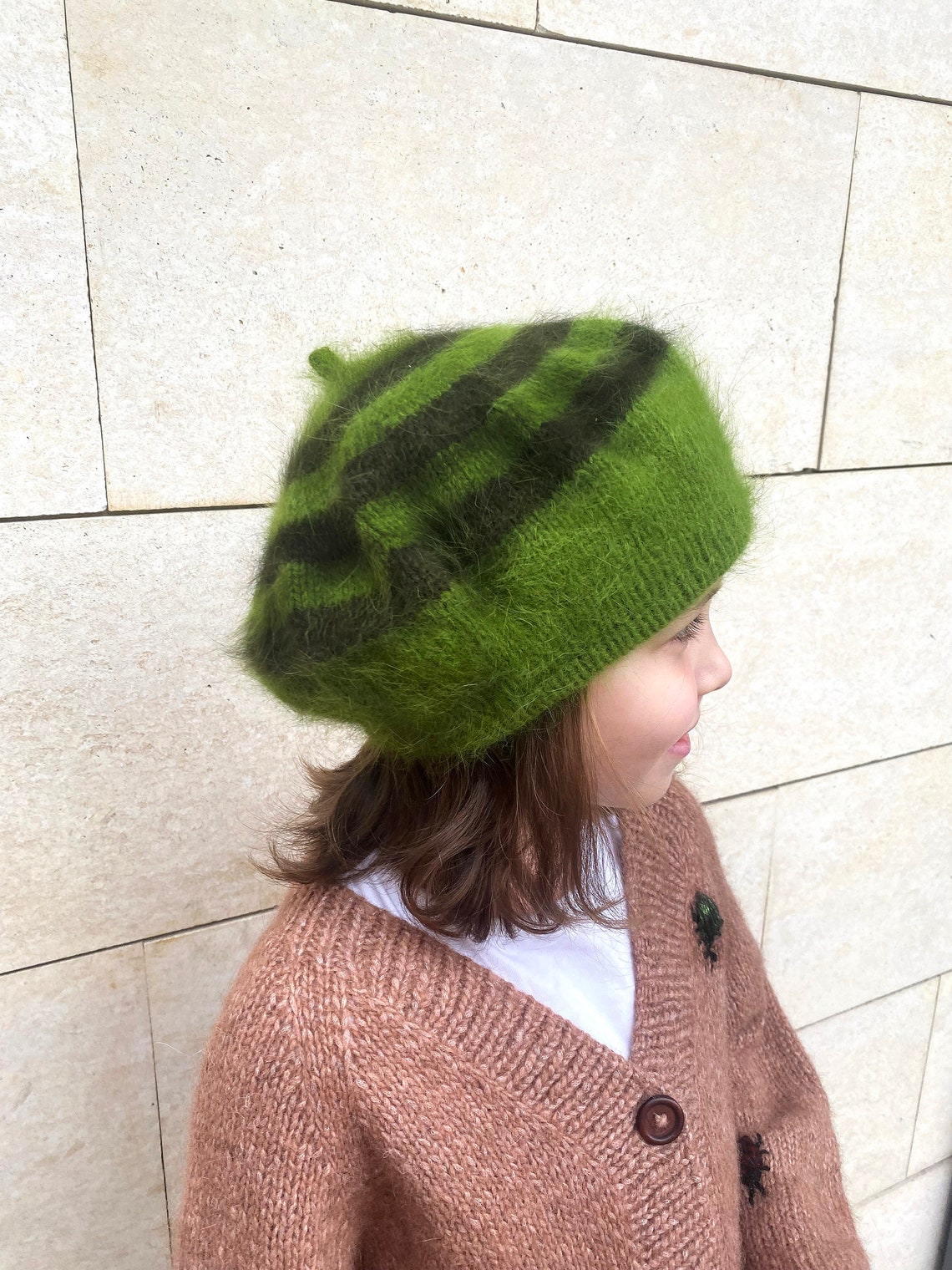 Knit Fluffy Beret for Girls. French Style Knit Flat Hat With Stripes ...
