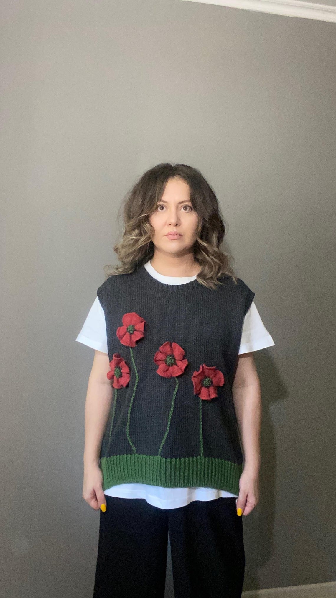 Gorgeous Hand Knit Vest With 3D Poppy Embroidery. Slouchy Oversized ...