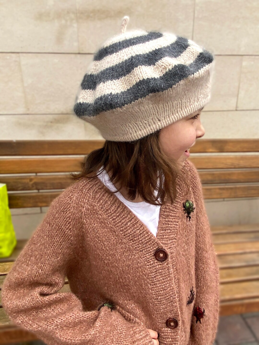 Knit Fluffy Beret for Girls. French Style Knit Flat Hat With Stripes ...