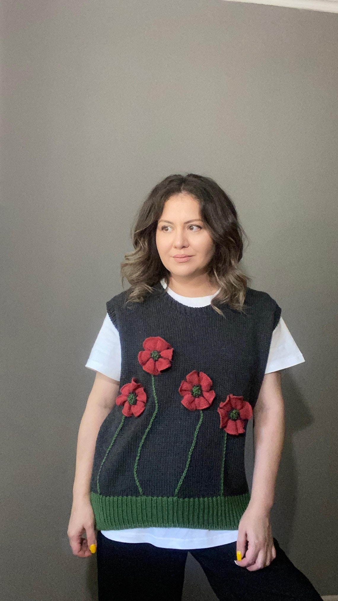 Gorgeous Hand Knit Vest With 3D Poppy Embroidery. Slouchy Oversized ...