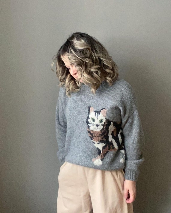 Cat Print Sweater. Hand Knit Sweater for Women. Cool Chunky Knit Sweater. Alpaca Sweater. Oversized Sweater With the Cat. Softest and Fluffy Etsy
