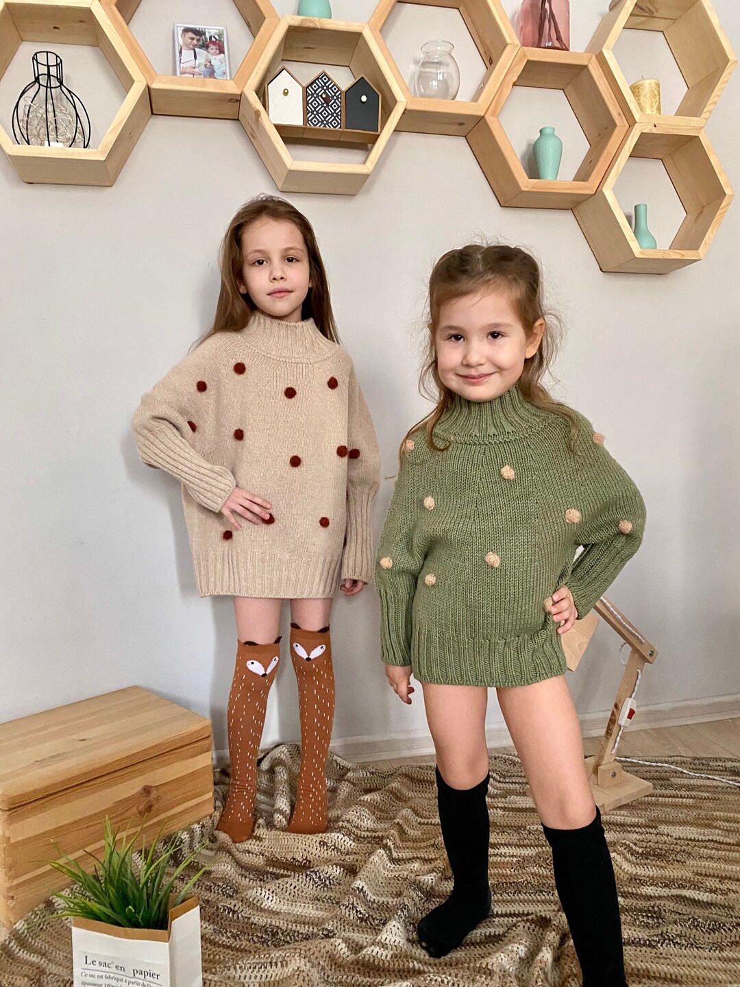 Oversized Girl Sweater With Mohair Pompoms. Fluffy Pompom Sweater ...