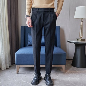 Men Vintage Wool Pants, Fall Winter Wool Pants With Pleats, Loose Wool ...