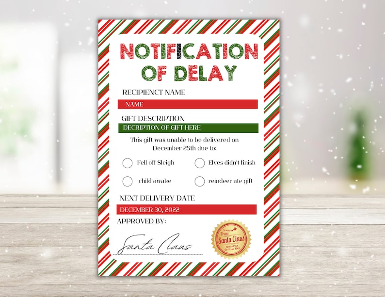 Late Christmas Gift Letter From Santa - Delayed Gift Notice - Missing ...