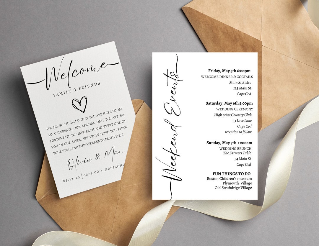 Minimalist Wedding Events Card Template, Wedding Welcome Bag Note ...
