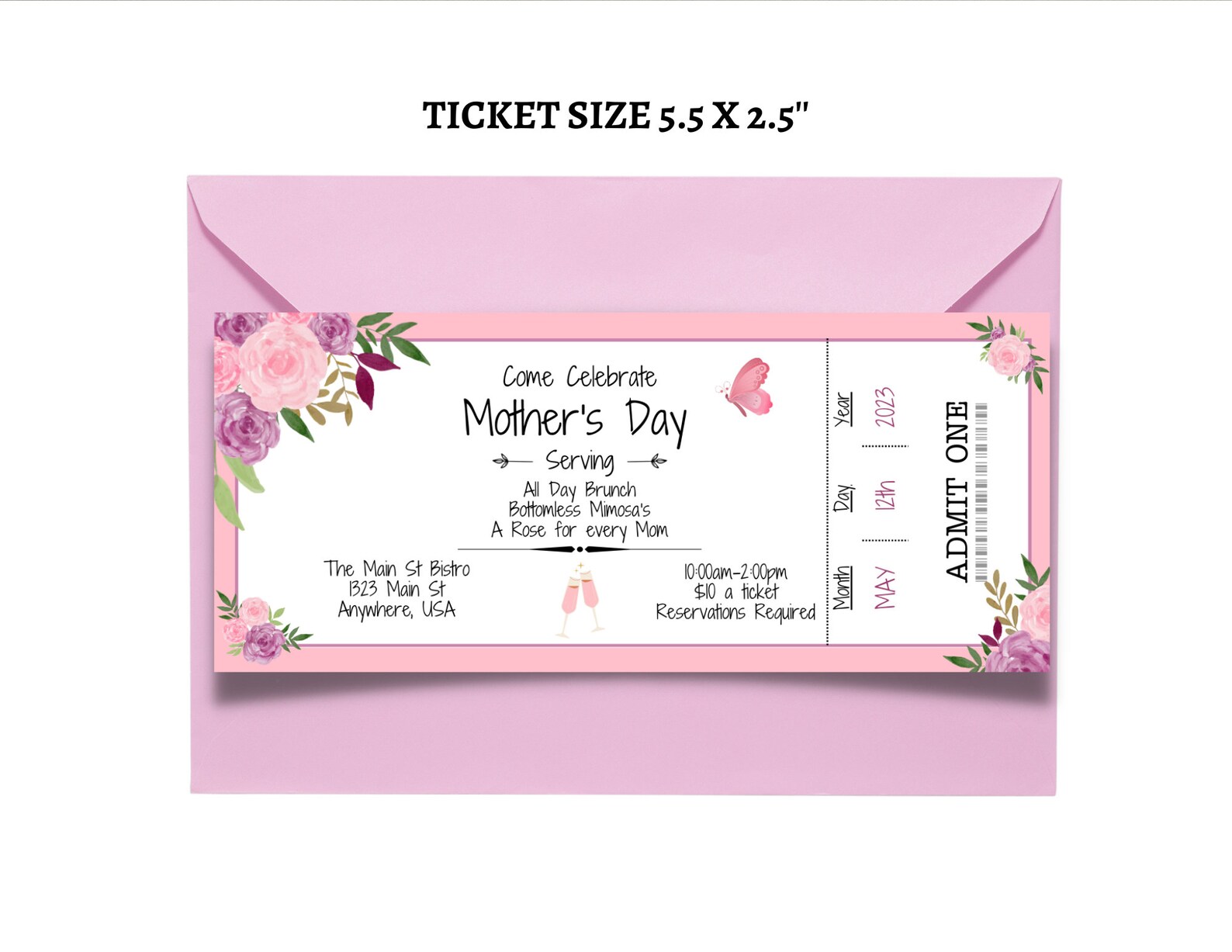 Mother's Day Brunch Ticket Invitation, Floral Brunch Tickets, Editable ...