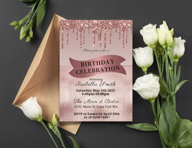 Editable Rose Gold Birthday Invitation Rose Gold Glitter - Etsy