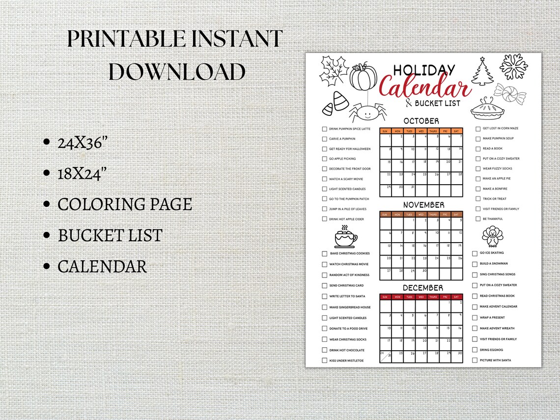 Printable Fall Calendar Poster, Fall Activities Calendar, Autumn ...